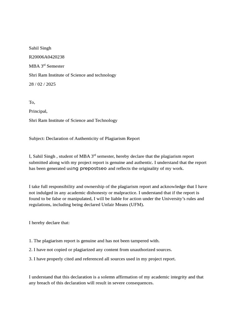 Plagiarism Declaration Certificate 2 | PDF