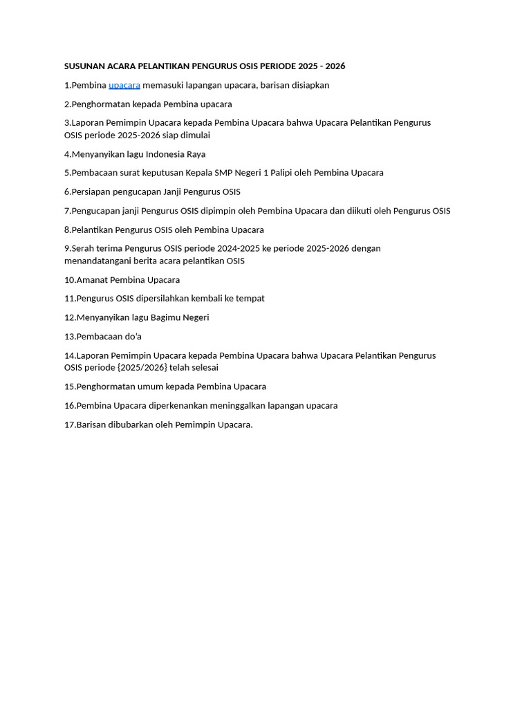 Susunan Acara Pelantikan Pengurus Osis Periode 2025 | PDF