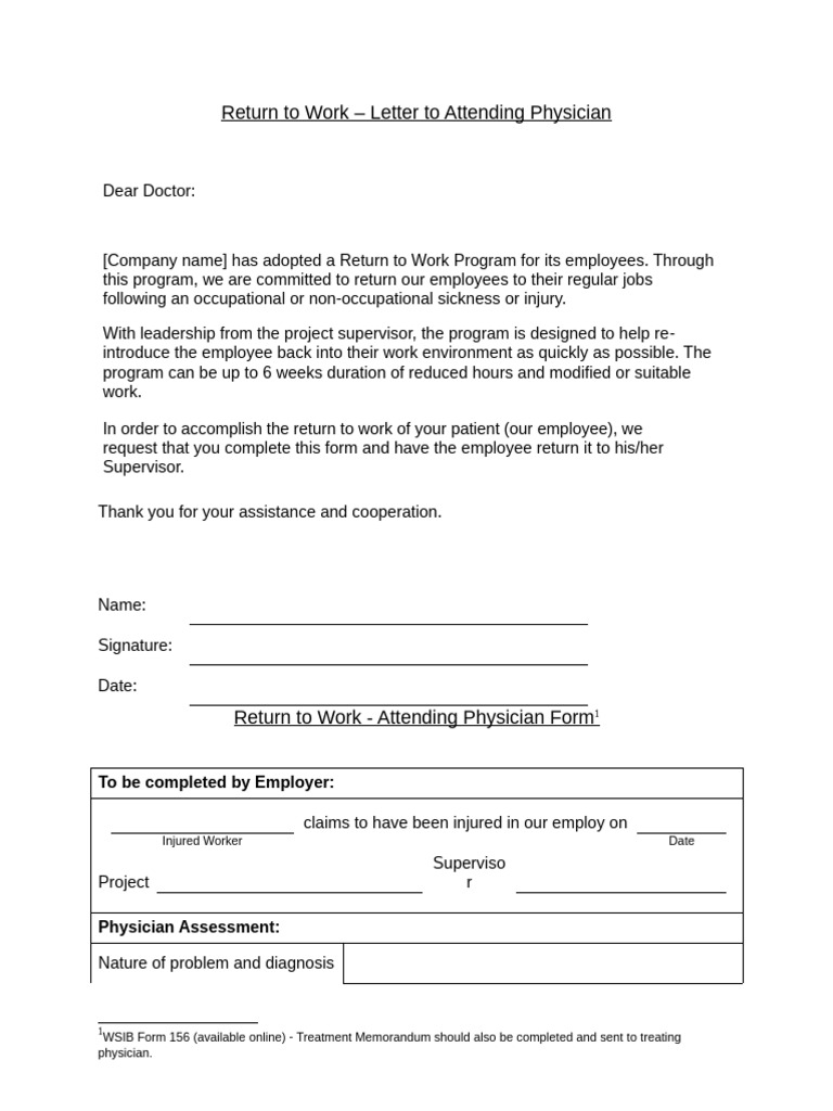 RTW Letter and Consent Form | PDF | Employment | Physician