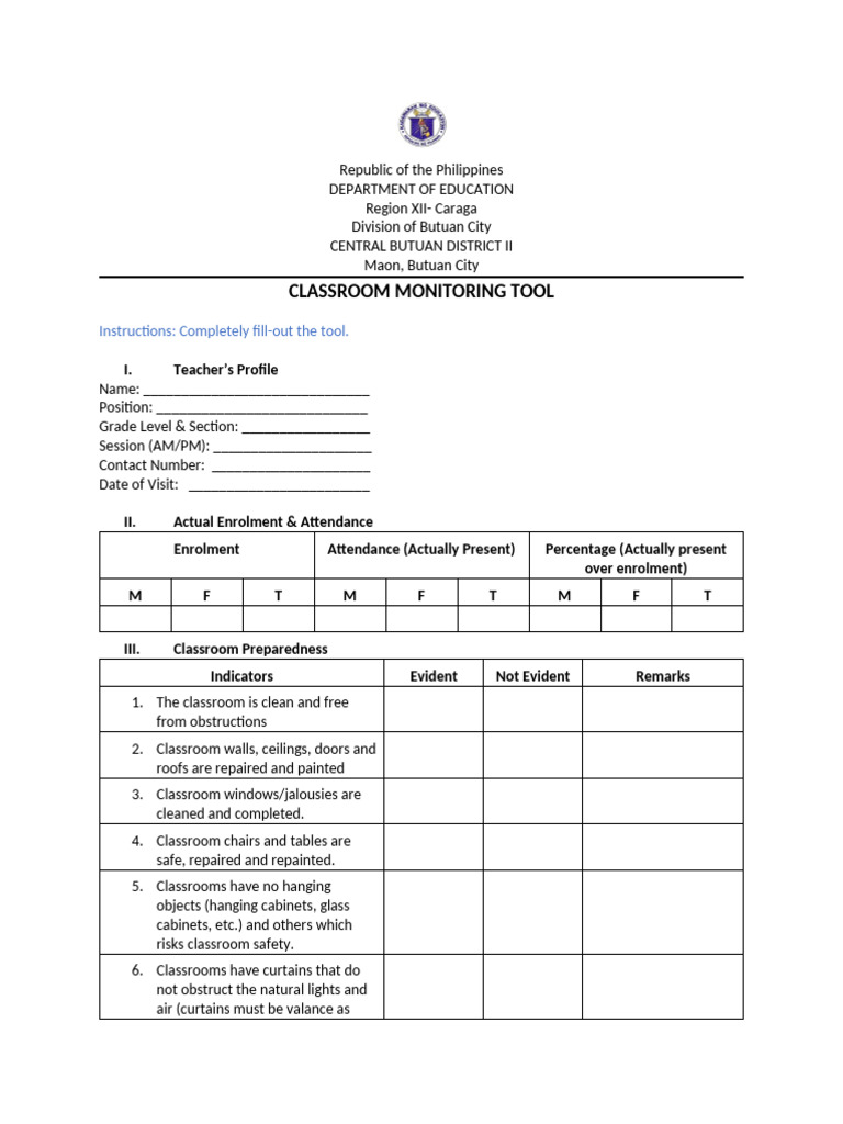 Classroom Monitoring Tool 1 | PDF | Classroom