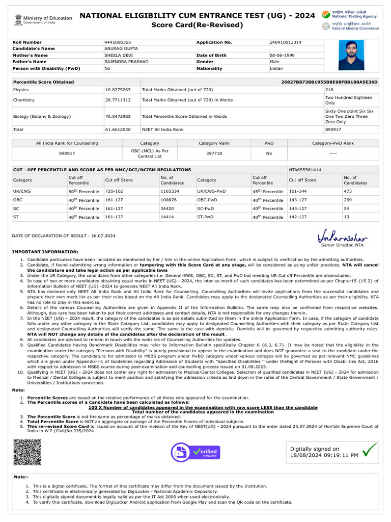 Neet Scorecard | PDF