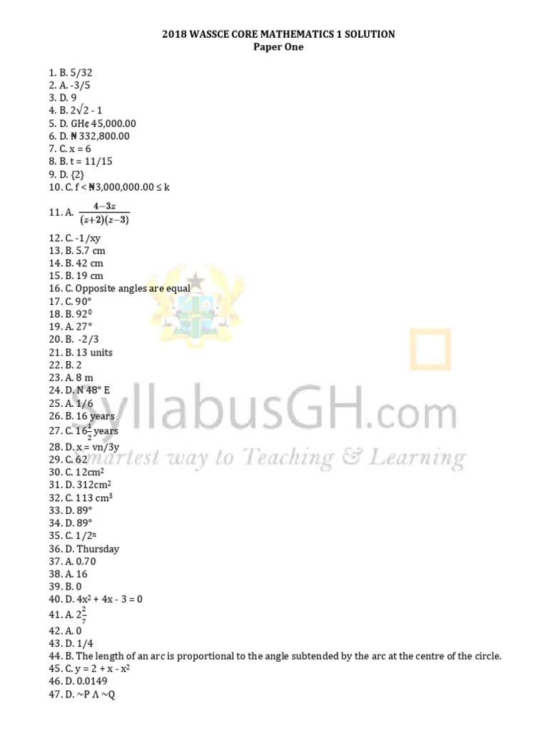 2018 Wassce Core Mathematics 1 Solution | PDF