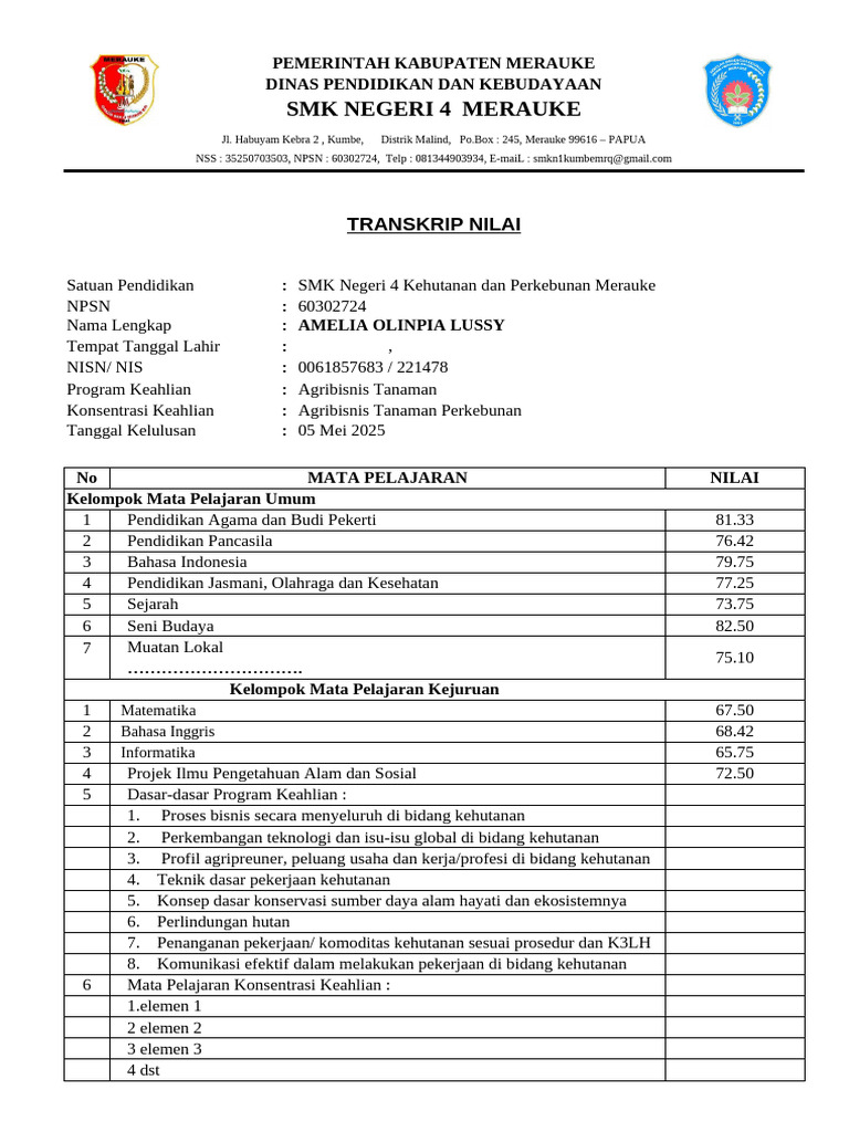 Transkrip Nilai Siswa 2025 - XII ATU | PDF