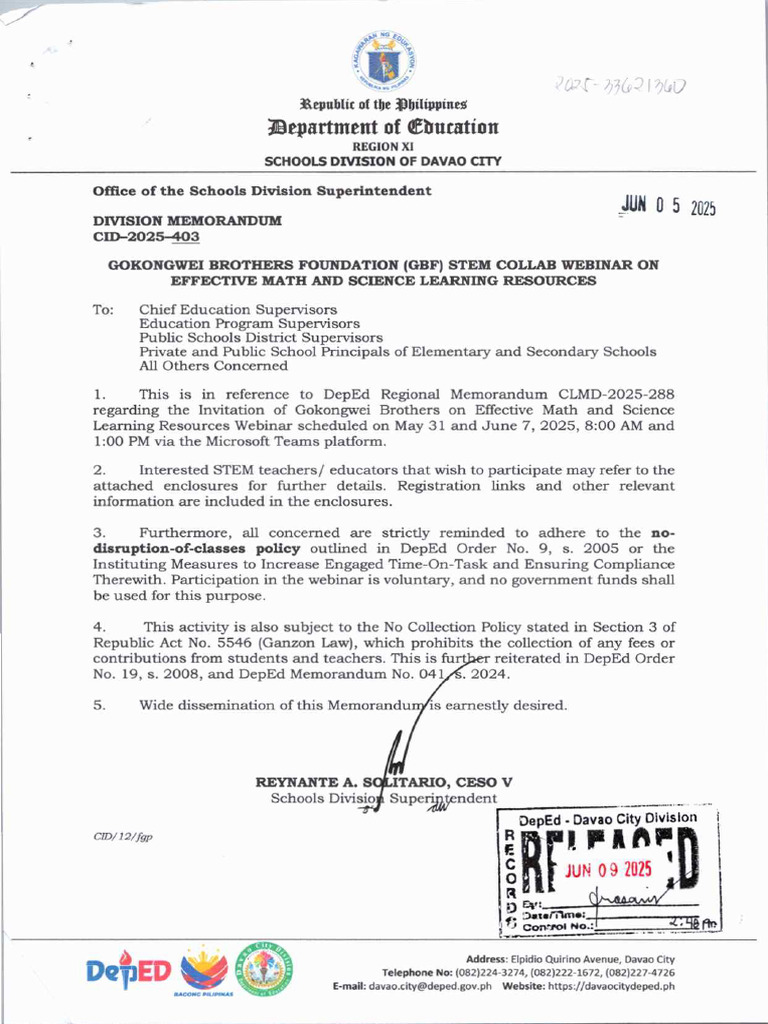 Cid-2025-Dm No. 403 - Gokongwei Brothers Foundation (GBF) Stem Collab ...