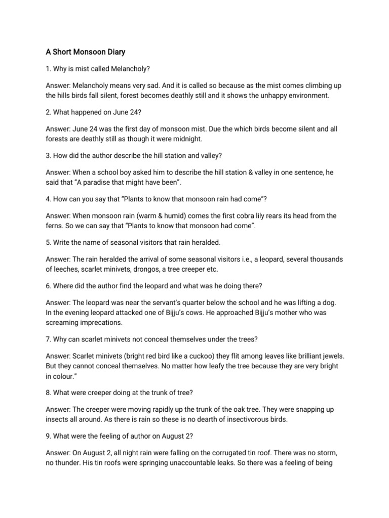 Class 8: A Short Monsoon Diary Summary | PDF
