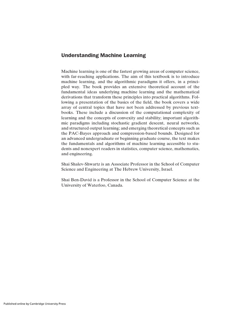 Understanding Machine Learning From Theory to Algorithms 1nbsped 9781107057135 Compress | PDF ...