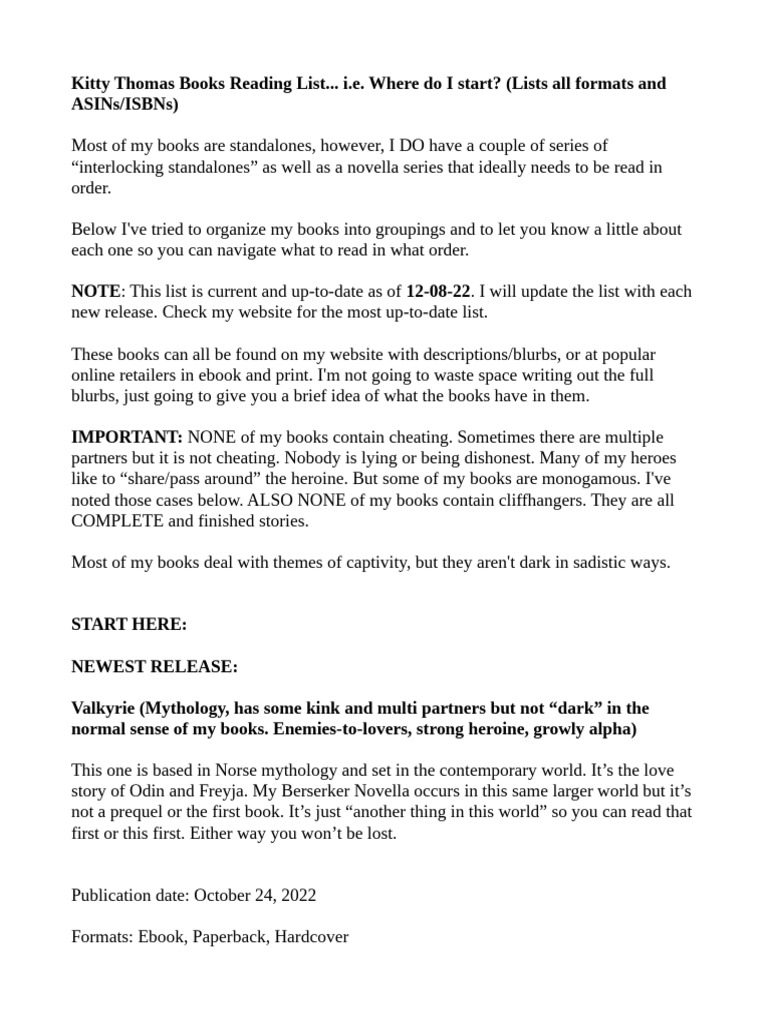 Kitty Thomas Books: Reading Guide | PDF | Books