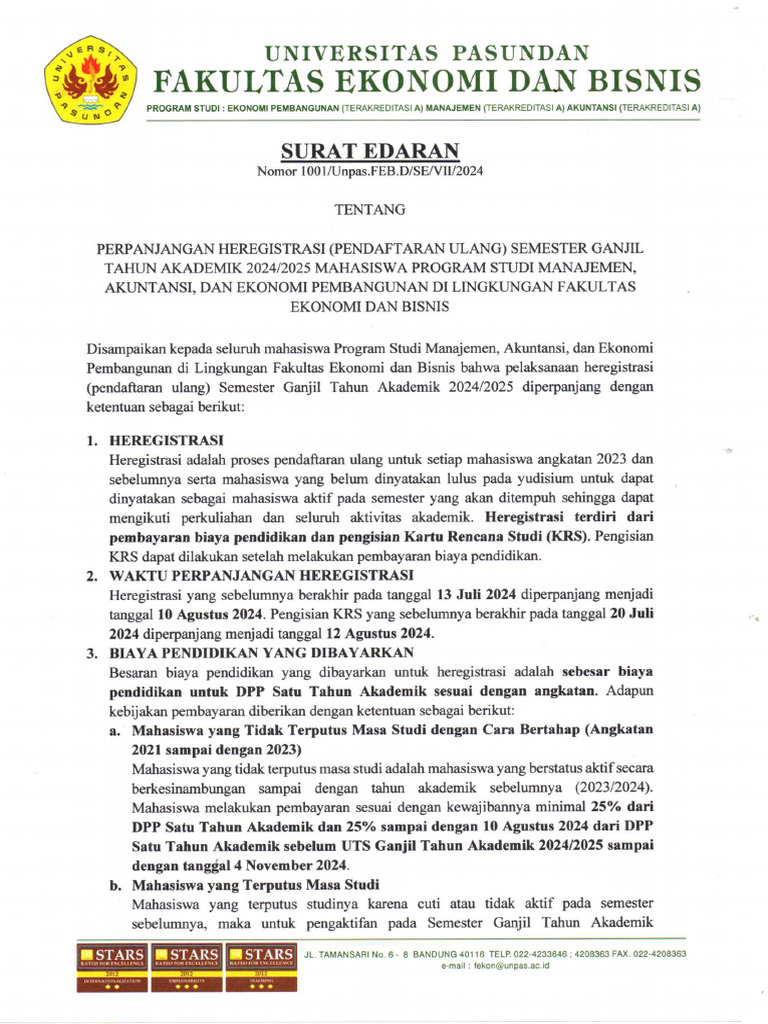 1001 Surat Edaran Perpanjangan Herregistrasi Semester Ganjil Tahun Akademik 2024-2025 | PDF