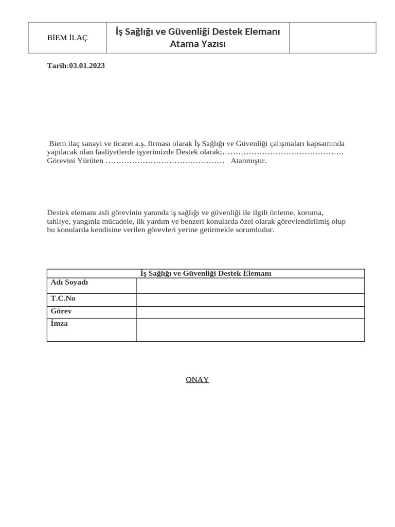 İsg Destek Elemani Atama Yazisi | PDF