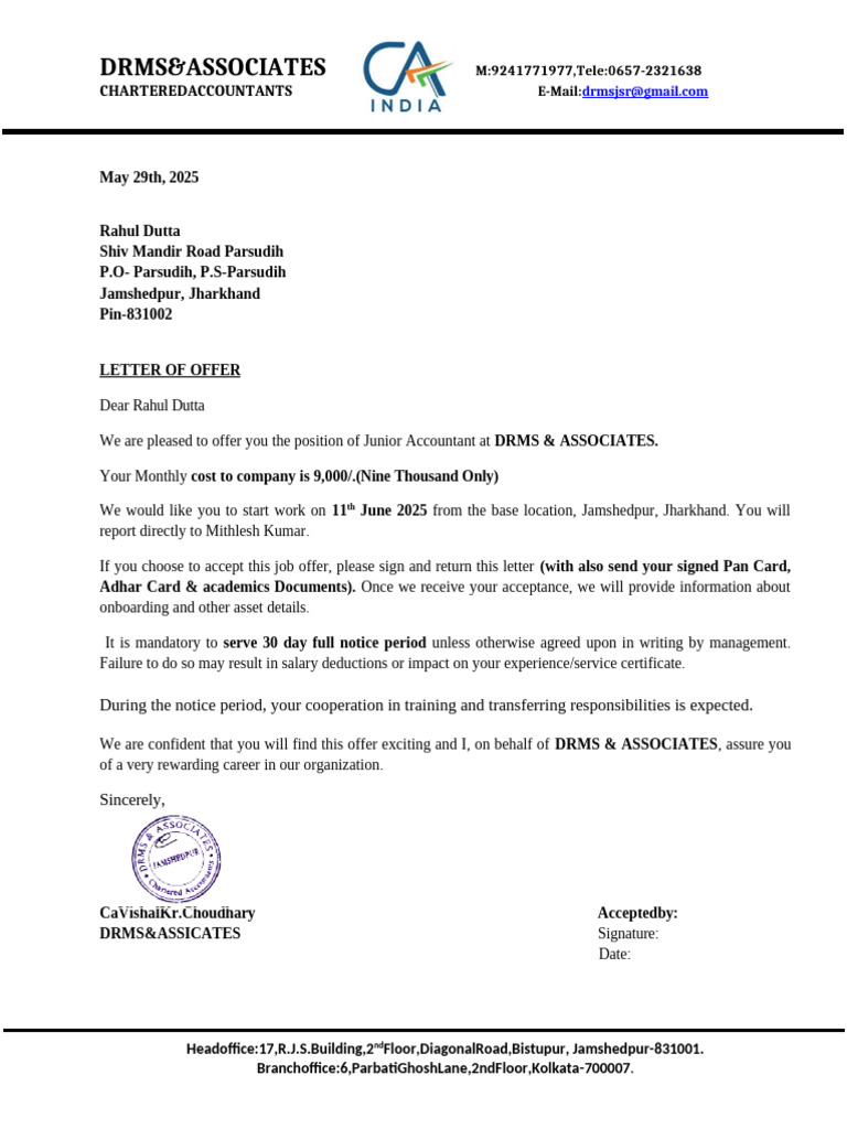 Job Offer Letter for Junior Accountant | PDF