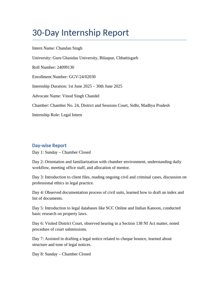 30 Day Internship Report With Holidays Chandan Singh | PDF | Lawsuit | Advocate