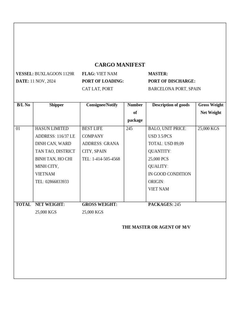 Cargo Manifest | PDF