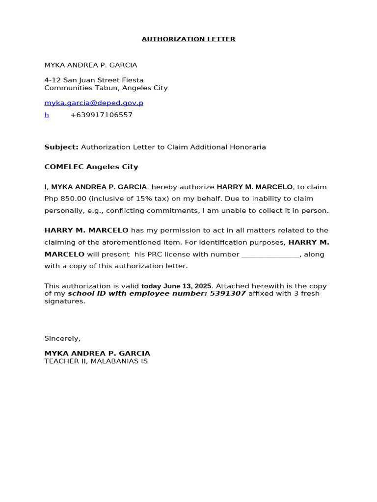 Authorization Letter To Claim | PDF