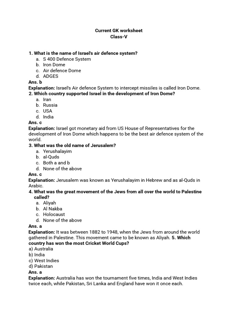 Current GK Worksheet | PDF | Israel | World Politics