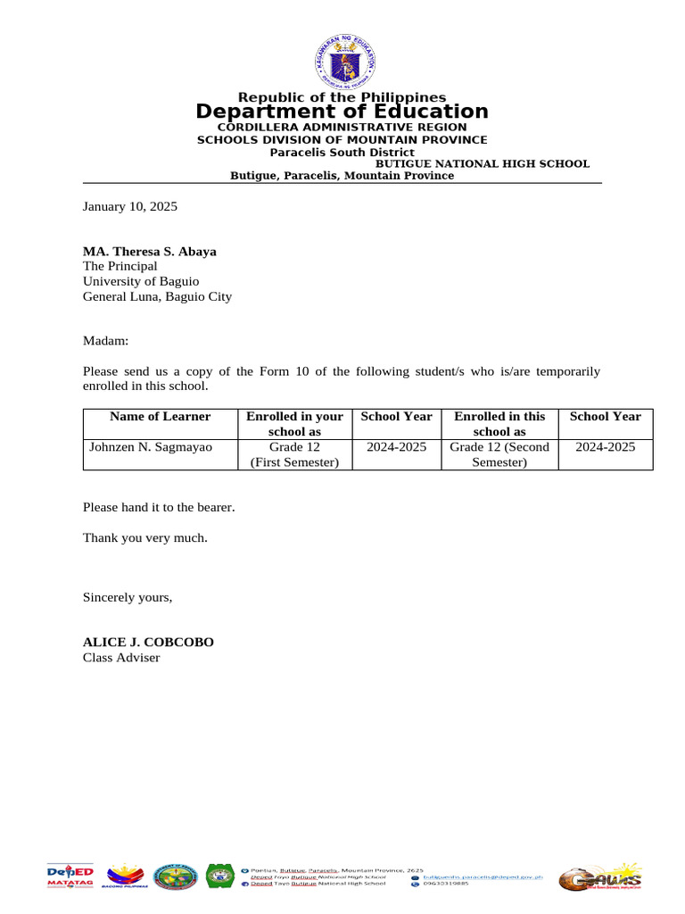 Request for Student Form 10 | PDF