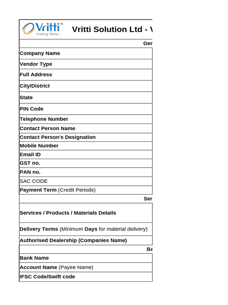 Vendor Registration Form For VRITTI SOLUTIONS LTD | PDF