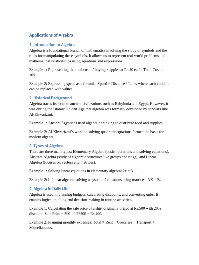 Applications of Algebra Detailed Report | PDF