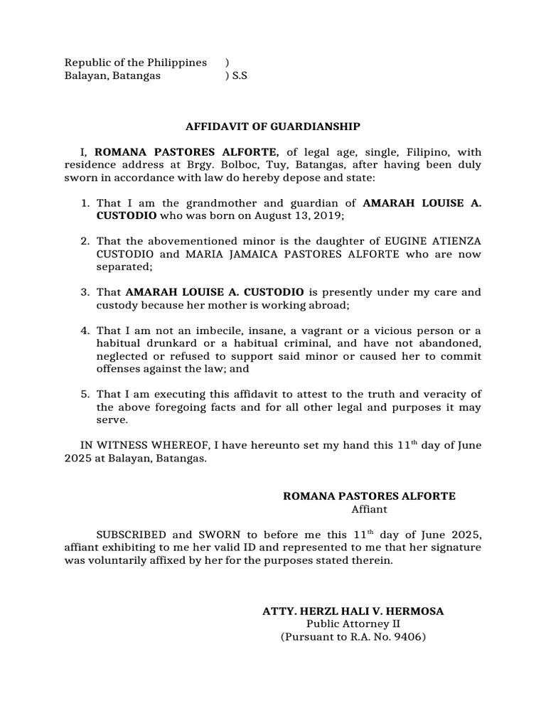 Affidavit of Guardianship - Alforte | PDF