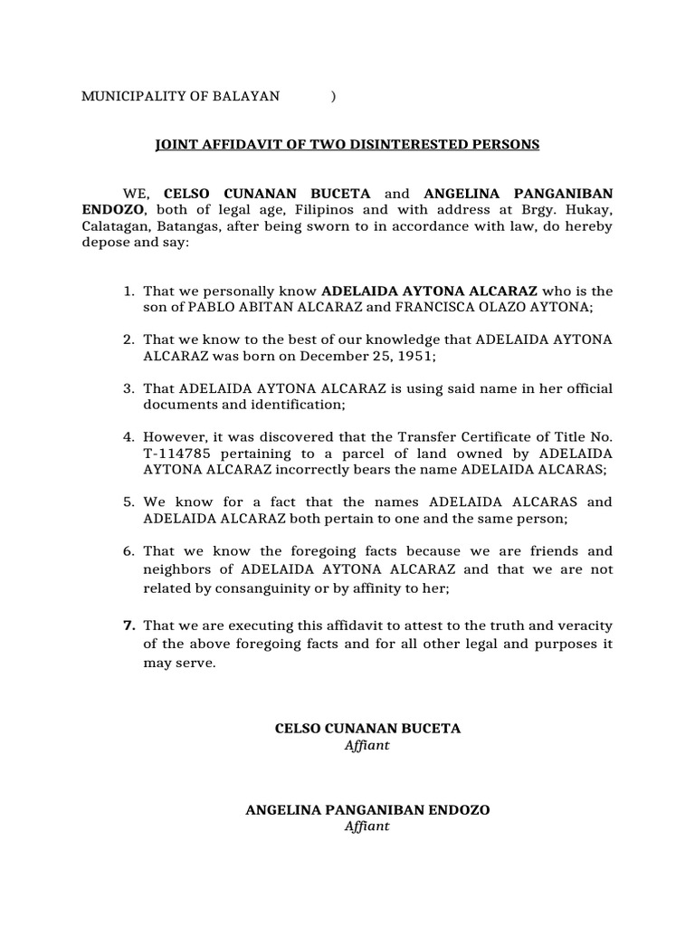 Affidavit of Two Disinterested Persons - One and The Same | PDF