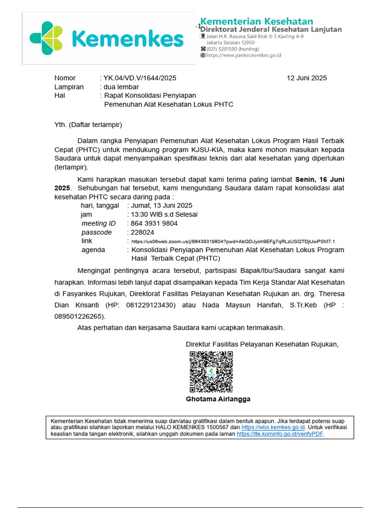 Undangan Rapat Konsolidasi Alkes PHTC | PDF