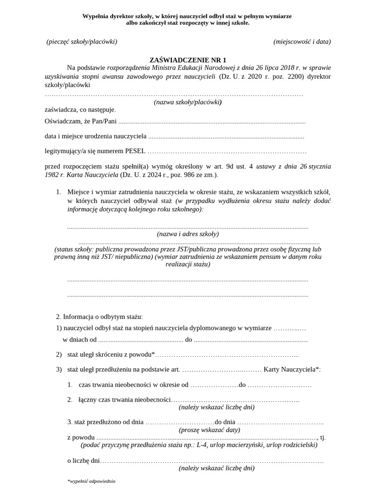 Zaswiadczenie Dyrektora Szkoly Dla Nauczycieli Wnioski B | PDF