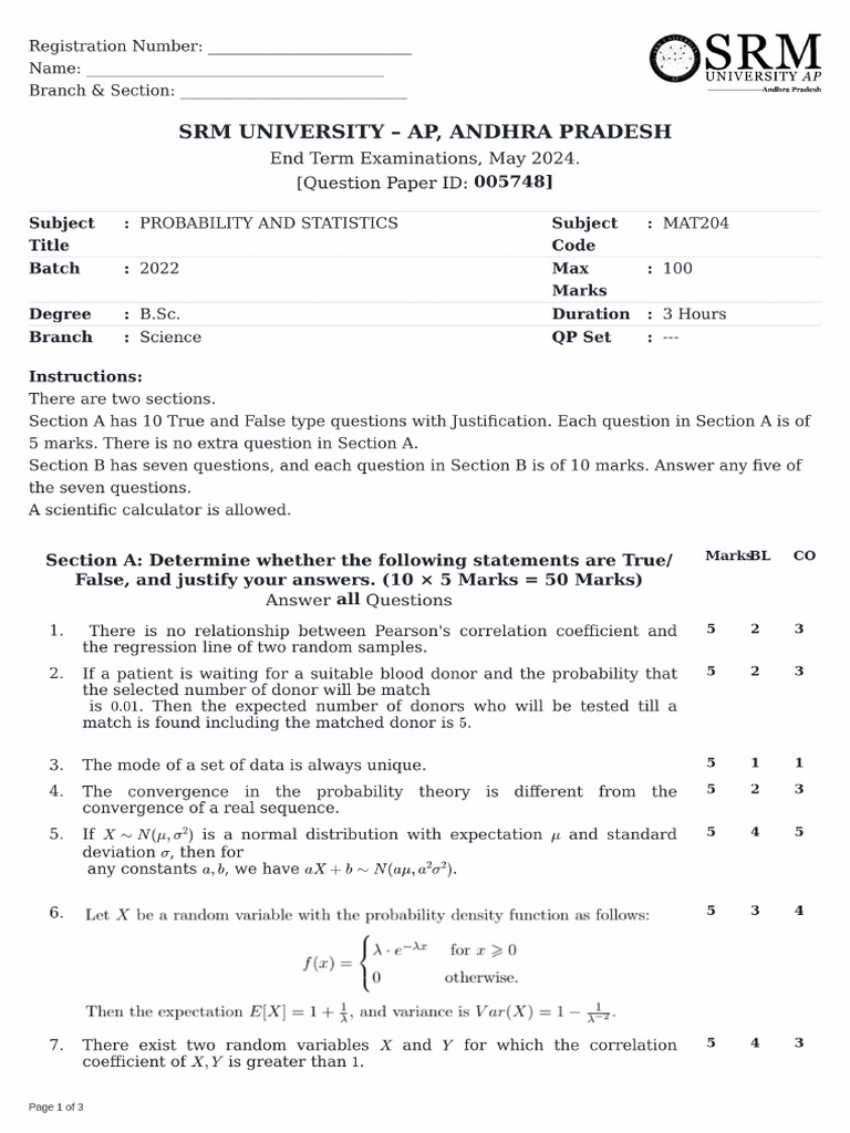 5748 Mat204 Probability and Statistics End Term Examinations May 2024 | PDF
