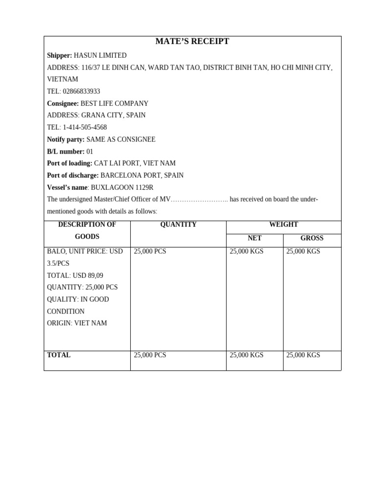 Mate's Receipt | PDF