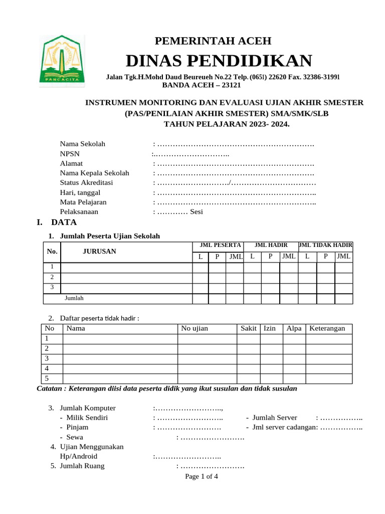 Instrumen Monitoring Ujian Sma-Smk 2024 | PDF