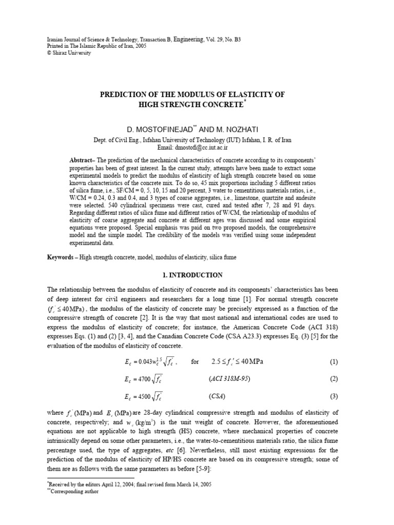 Modulus of Elasticity of High Strength Concrete | PDF | Concrete ...
