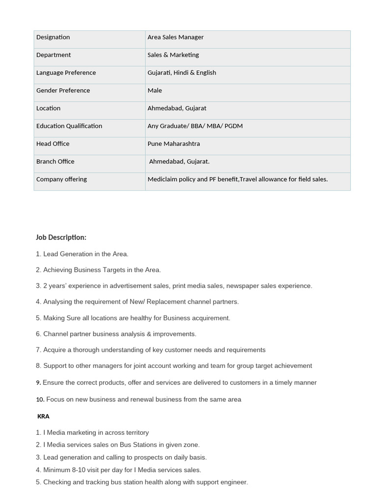 Area Sales Manager Job in Ahmedabad | PDF