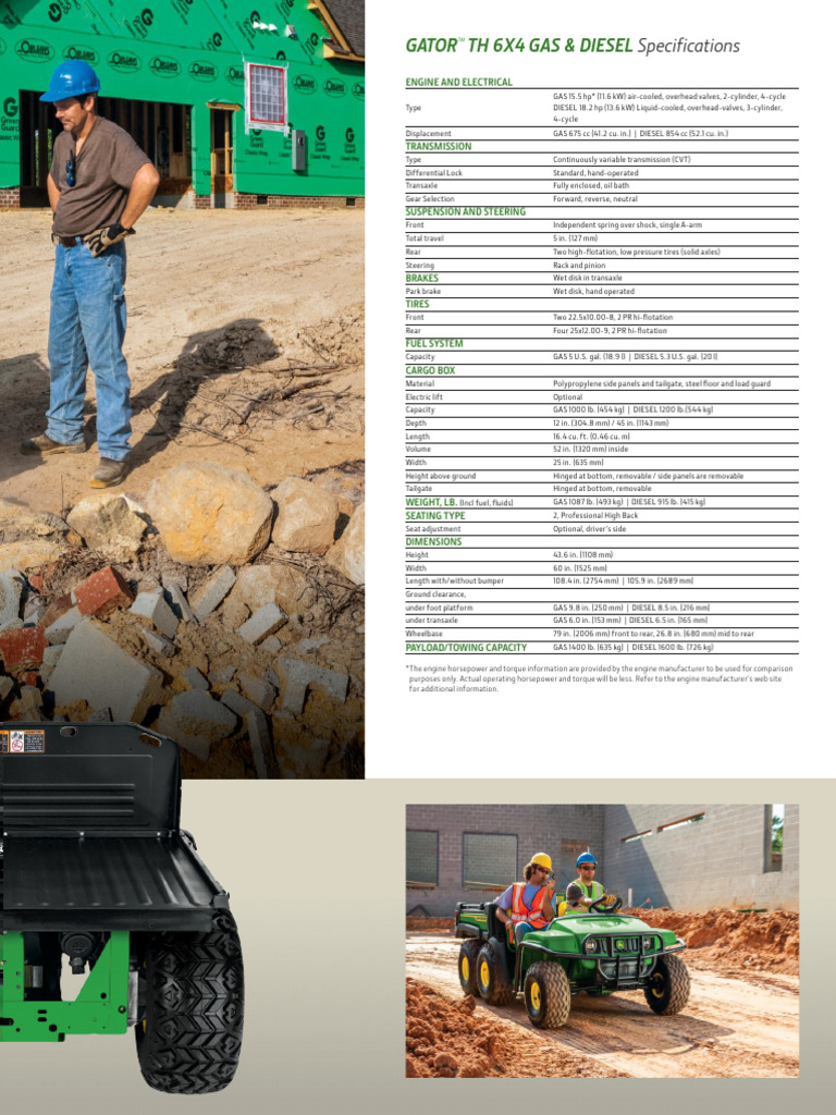 Gator TM TH 6X4 Gas & Diesel Specs | PDF | Steering | Diesel Engine