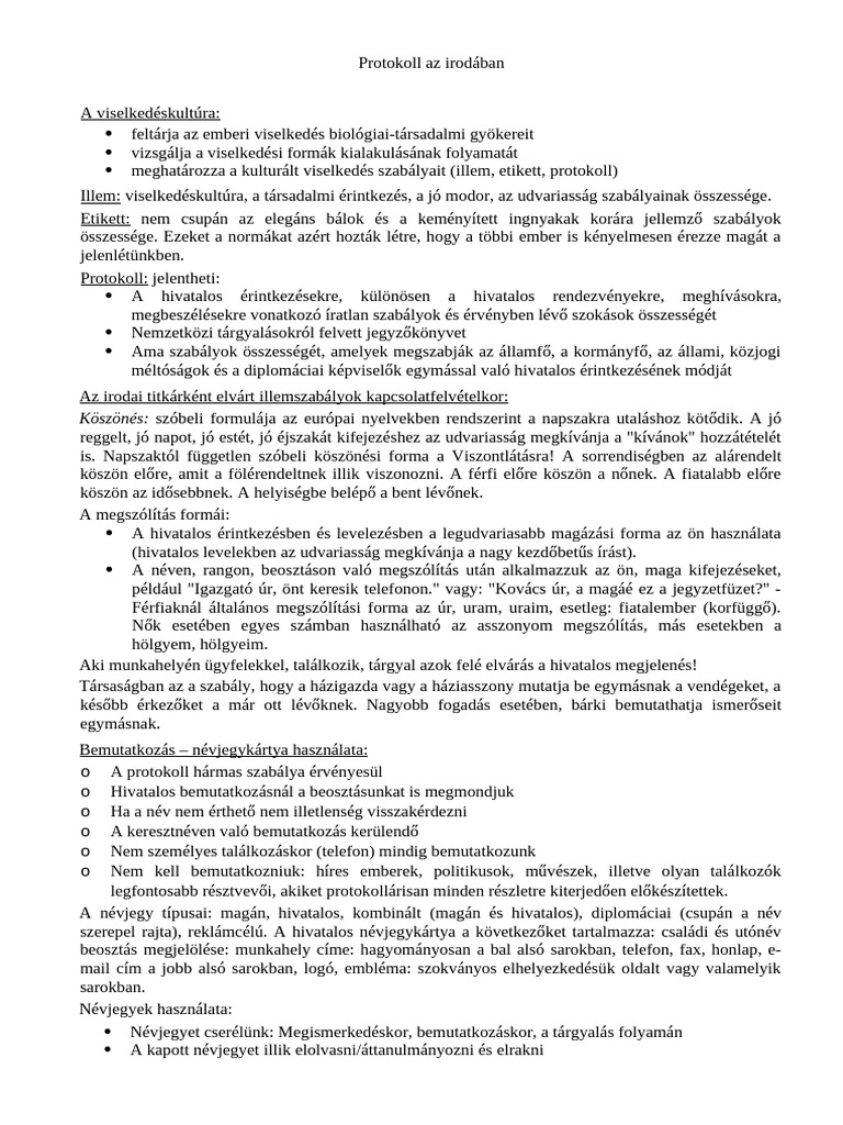 Tétel Kommunikáció Protokoll Az Irodában | PDF