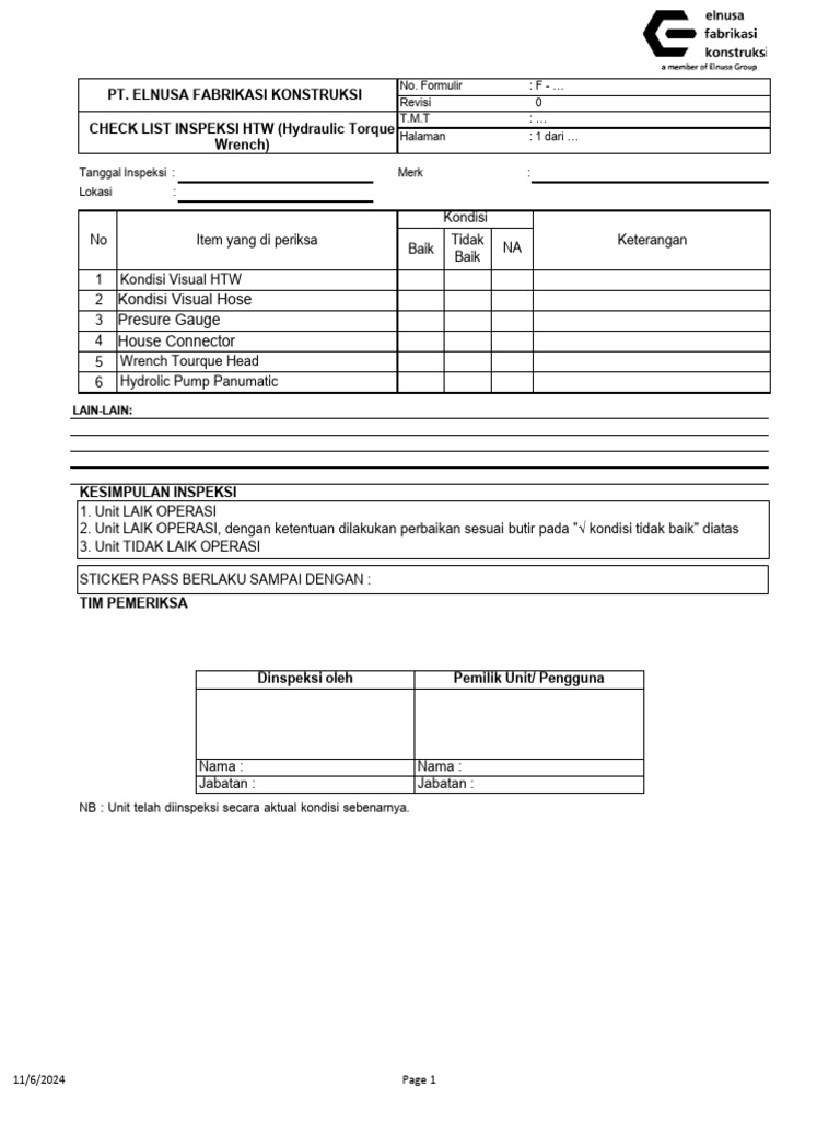 Checklist Inspeksi HTW Elnusa | PDF
