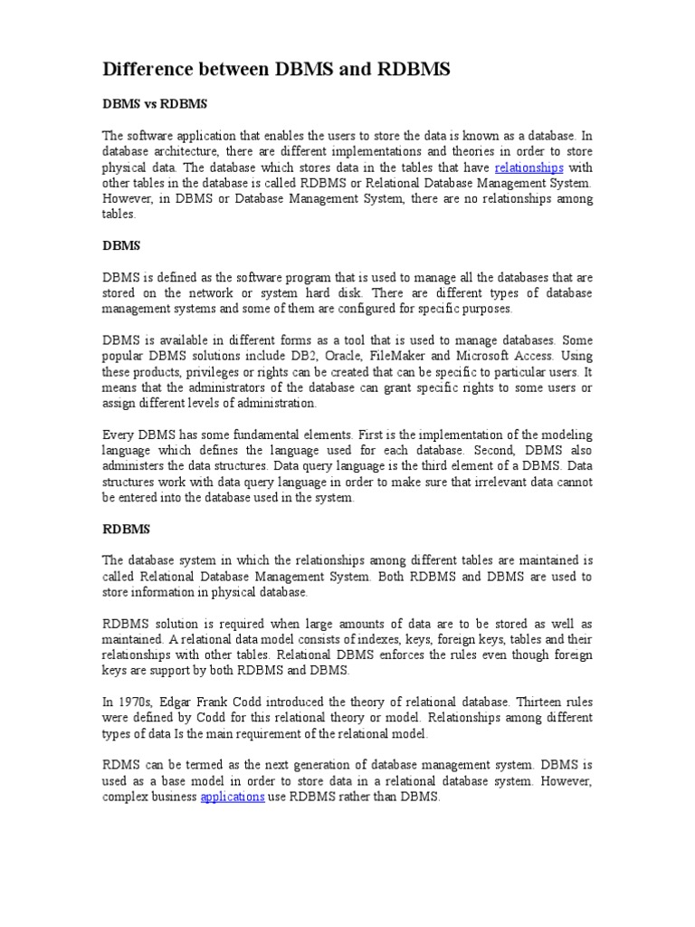 Difference Between Dbms And Rdbms Relational Database Databases