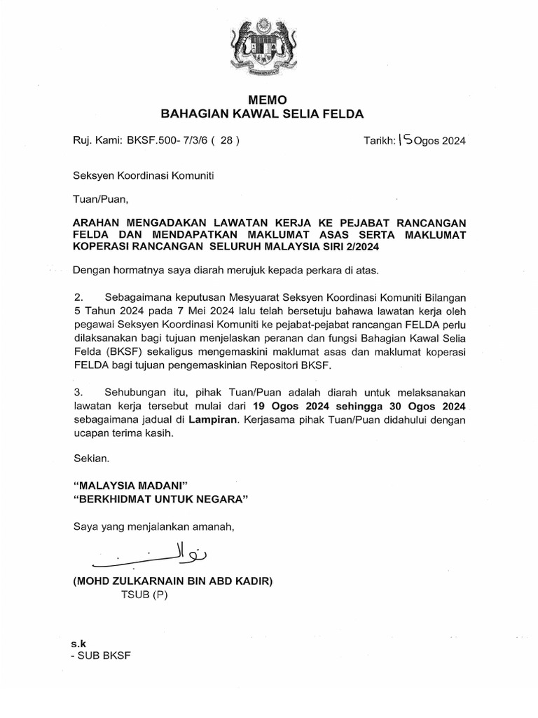 Memo Dan Jadual Lawatan Kerja SKK 19-30 Ogos 2024 | PDF