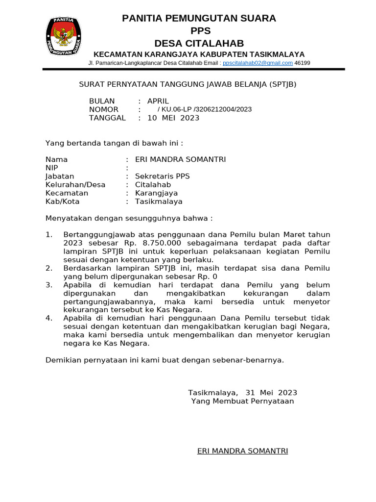 FORMAT DN.04 Surat Pertanggungjawaban Belanja | PDF