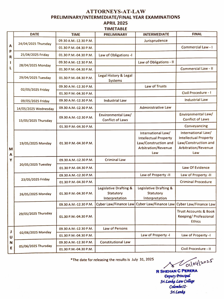 Amended Timetable April 2025 Examination | PDF