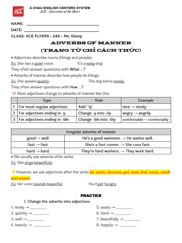 Adverbs of Manner Exercises | PDF