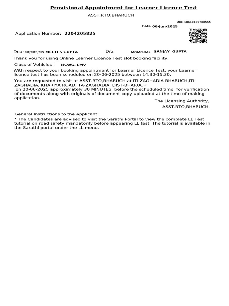 Provisional Appointment For Learner Licence Test | PDF