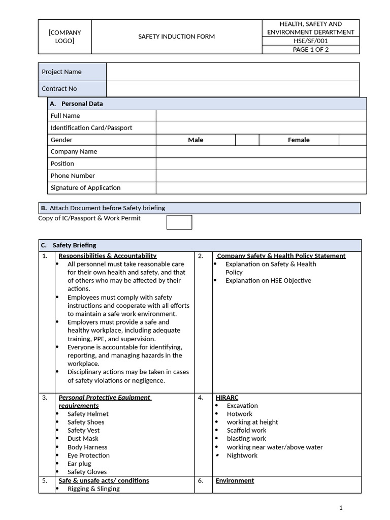 001 Induction Checklist | PDF | Personal Protective Equipment | Safety