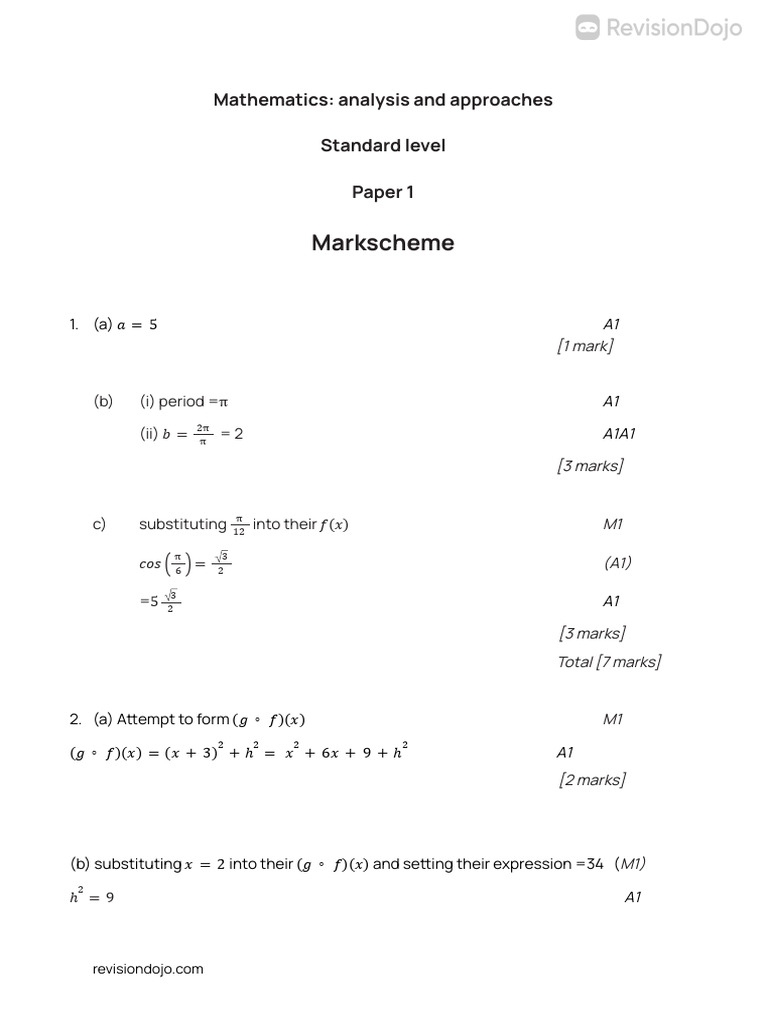 Math AA SL Predicted Paper 1 Markscheme | PDF