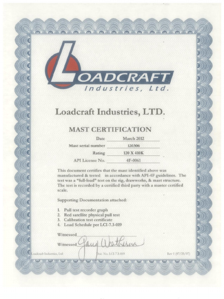 Mast Certification for Loadcraft Equipment | PDF