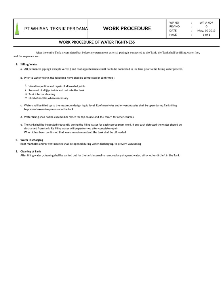 Water Tightness Test Procedure | PDF
