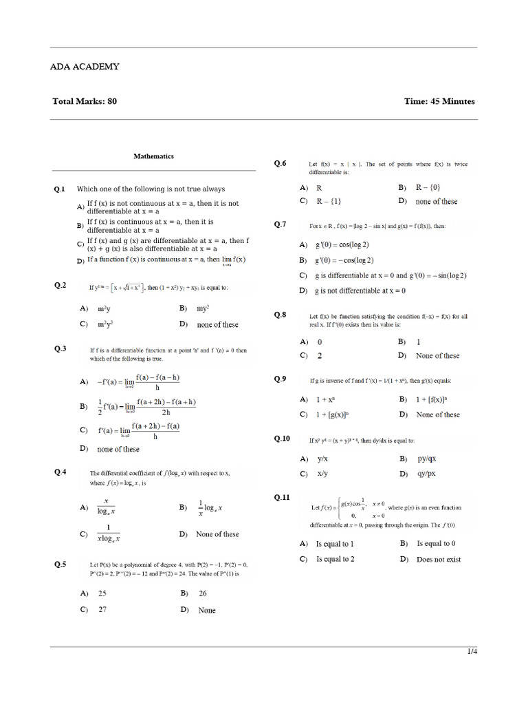 Differentiation Mcq Question Paper | PDF | Mathematical Analysis ...