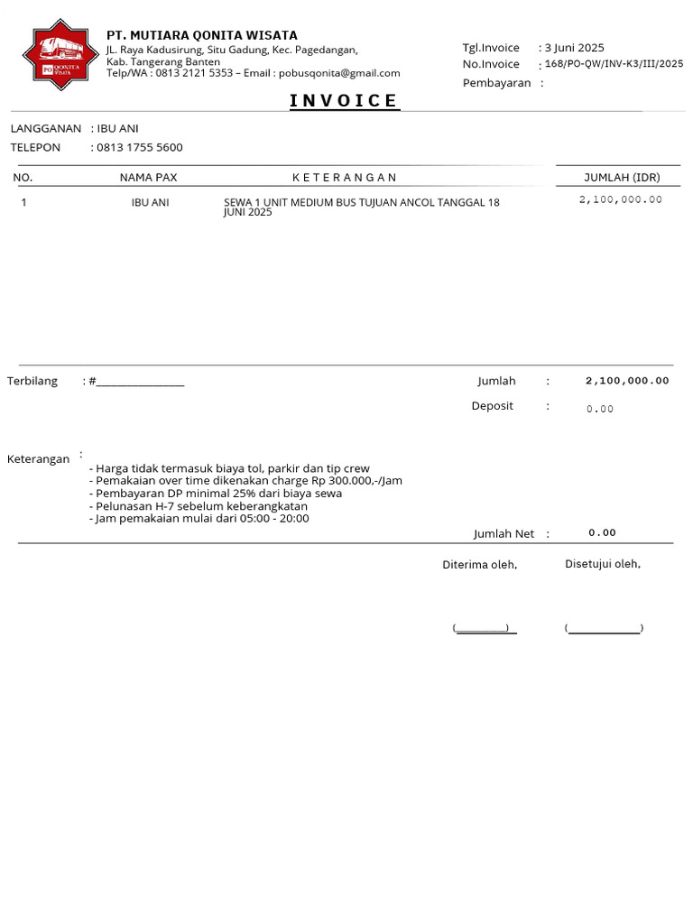 Invoice Sewa Bus PT Mutiara Qonita | PDF
