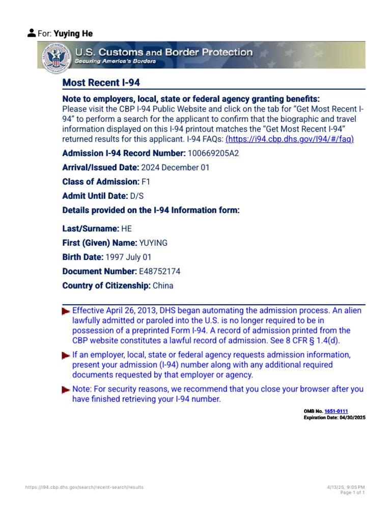 I-94 Official Website - Get Most Recent I-94 Response | PDF
