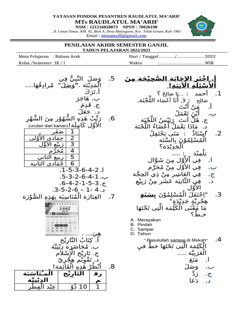 Soal Pas Bhs - Arab Kelas 9 | PDF