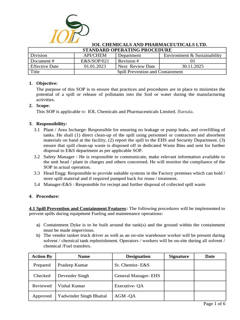 Spill Prevention SOP for Chemicals | PDF | Oil Spill | Waste