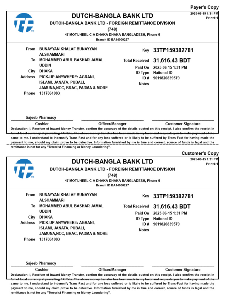 Transfast Money Transfer Receipt | PDF | Wire Transfer | Foreign ...