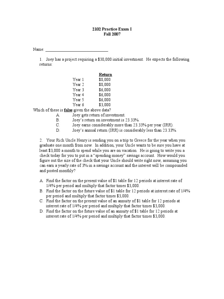 Investment Analysis Practice Exam 2007 | PDF | Stocks | Treasury Stock